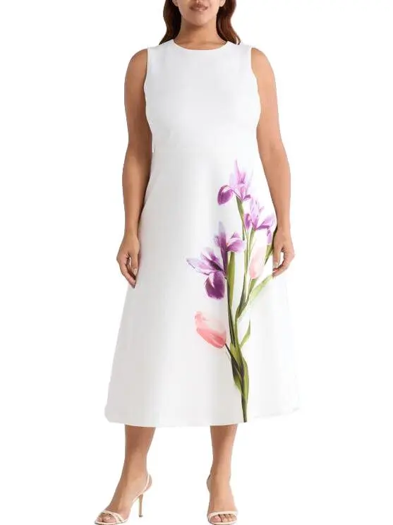 Anne Klein Placement Print Sleeveless Midi Dress - White Dove Multi