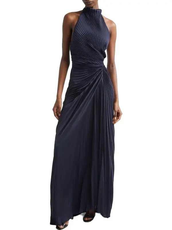 A.L.C. Romy Pleated Halter Gown - Night Blue