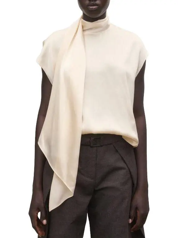Mango Tie Neck Silk Top - Ecru