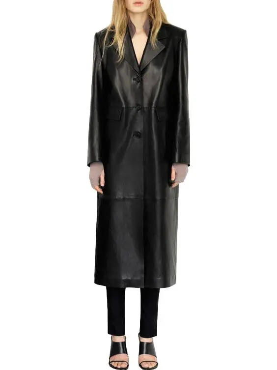 Mango Long Leather Coat - Black