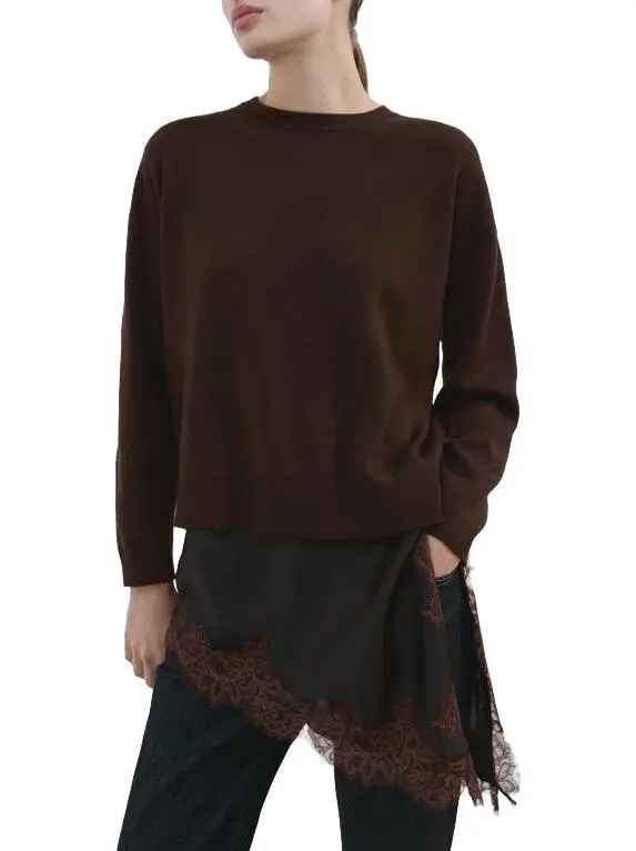 Mango Mixed Media Lace Trim Sweater - Chocolate