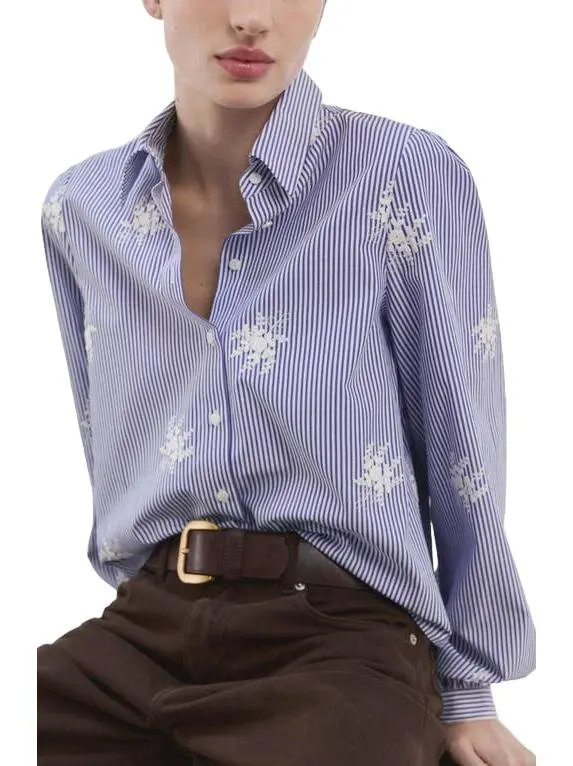 Mango Embroidered Striped Shirt - Sky Blue