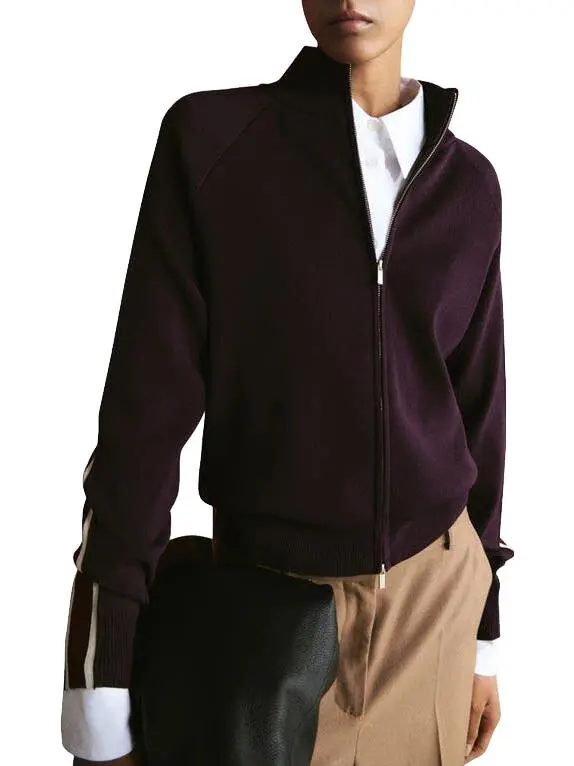 Mango Side Stripe Zip Cardigan - Wine