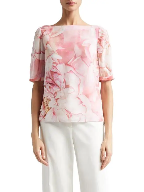 St. John Floral Print Georgette Top - Soft Peony Multi