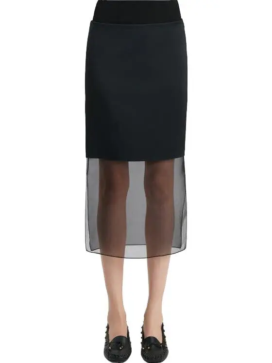 Khaite Sybil Bonded Crepe & Organza Midi Skirt - Black