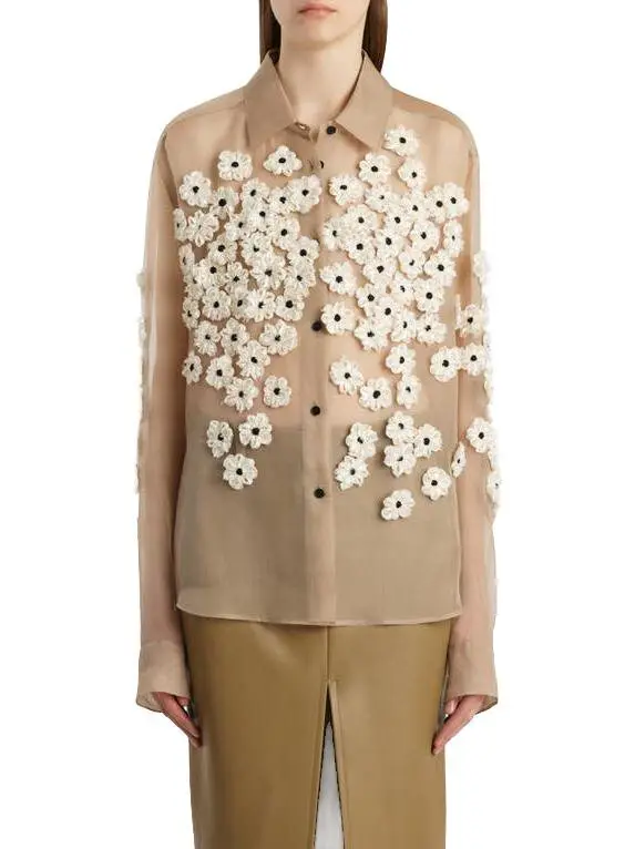 Khaite Argo Floral Appliqué Silk Organza Shirt - Tea Stain Scatter