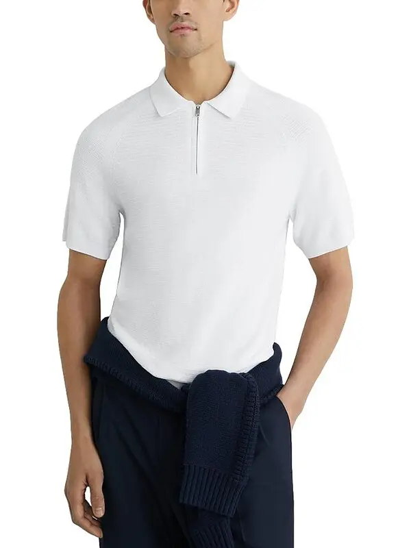 REISS Estate Short Sleeve Half Zip Textured Polo - White