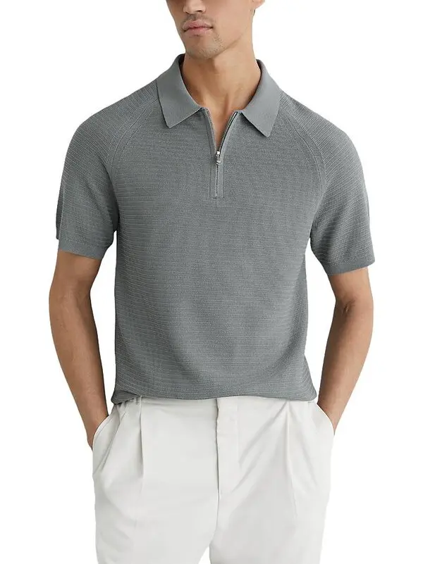 REISS Estate Short Sleeve Half Zip Textured Polo - Sage