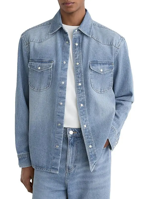 REISS Finley Long Sleeve Washed Denim Overshirt - Washed Blue