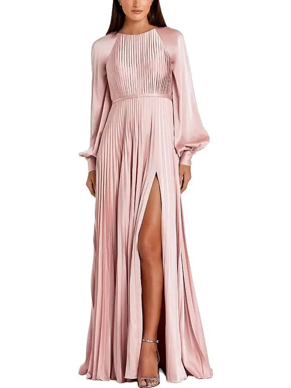 Mac Duggal Petite Long Sleeve Gown With Pleats And Slit - Blush