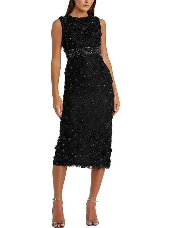 Mac Duggal Sleeveless Floral Applique Midi Dress - Black