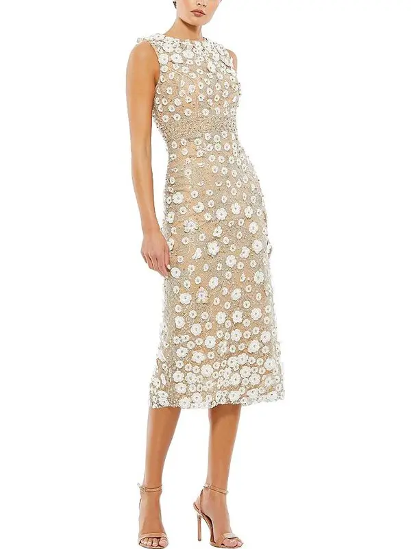 Mac Duggal Floral Applique Sleeveless Midi Dress - Ivory Nude