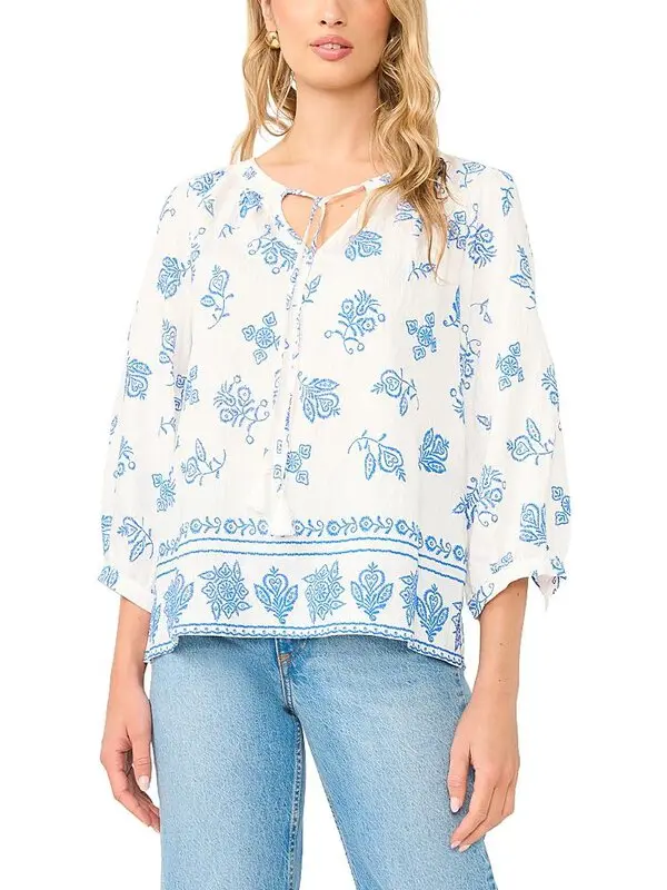 Vince Camuto Tie Neck Peasant Sleeve Blouse - Ultra White