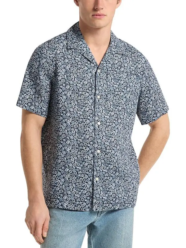 Michael Kors Short Sleeve Linen Floral Camp Collar Shirt - Midnight