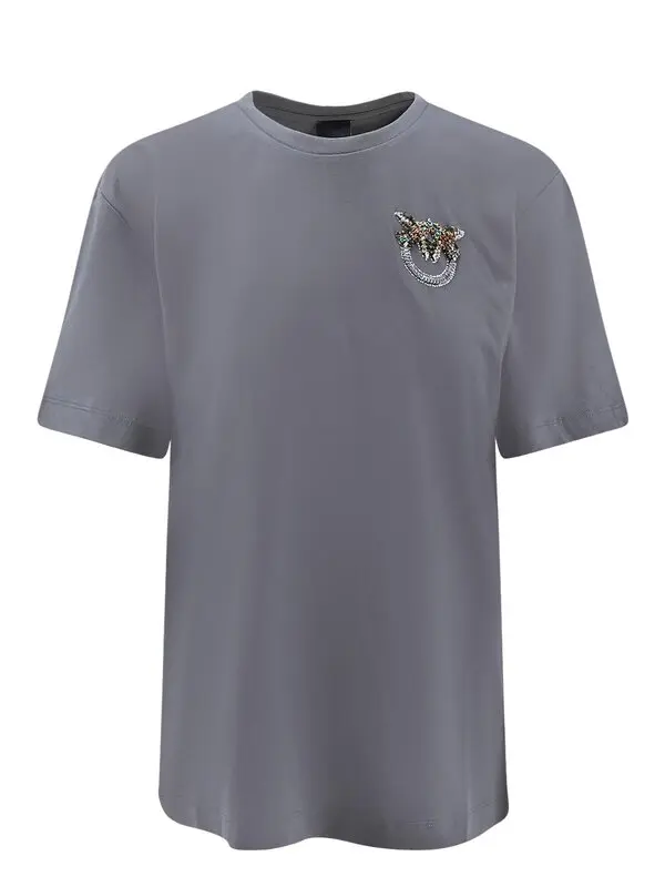 Pinko Cotton T-shirt With Rhinestone Logo - Grey