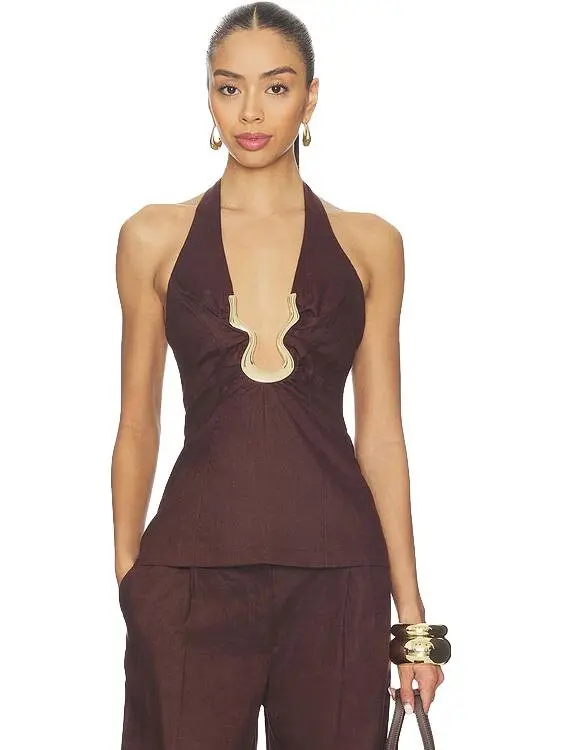 Bardot Cavarly Linen Halter Top - Chocolate