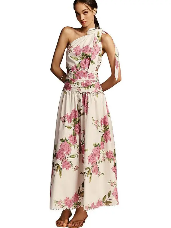 EN SAISON Esther Cotton One-shoulder Midi Dress - White Pink Sage