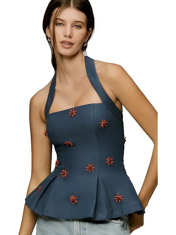 MAUDE CLUB Roma Sleeveless Peplum Halter Top - Navy