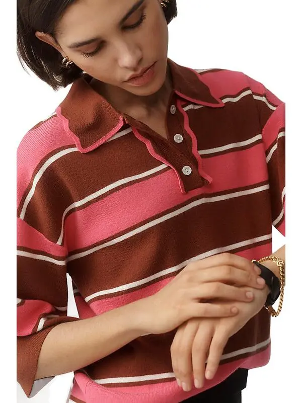 Maeve Boxy Scalloped Polo Shirt - Brown / Pink Stripe