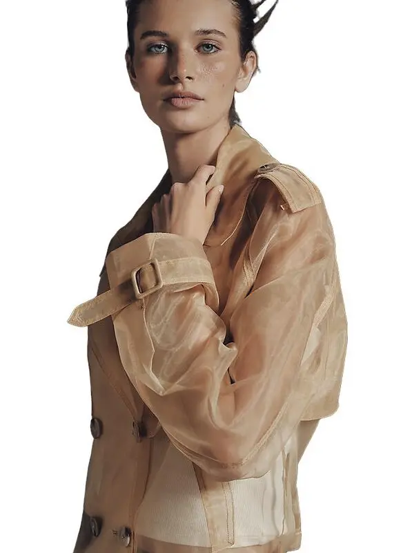 Maeve Crop Sheer Organza Trench Coat - Iced Coffee