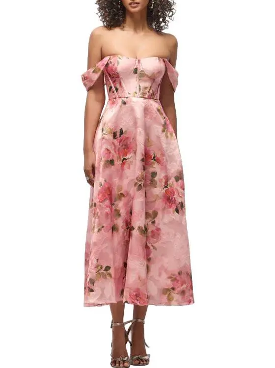 Dessy Collection Edie Floral Jacquard Cocktail Midi Dress - Guava Floral Print