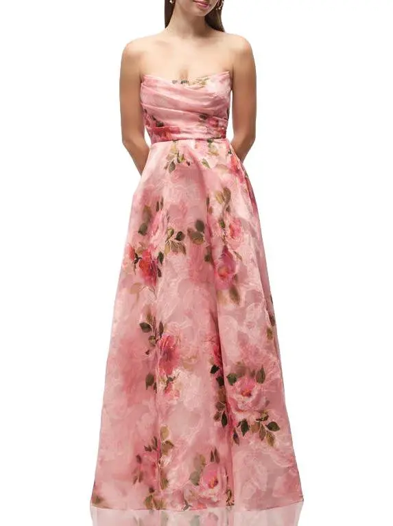 Dessy Collection Floral Jacquard Strapless Organza Gown - Guava Floral Print