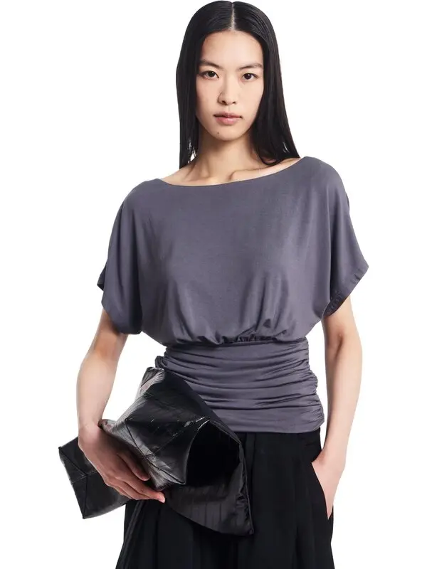 NINETY PERCENT Amelie Slash Neck Gathered Side Top - Magnet
