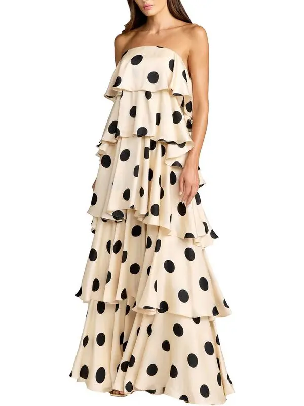Mac Duggal Strapless Polka Dot Charmeuse Gown - Cream Black