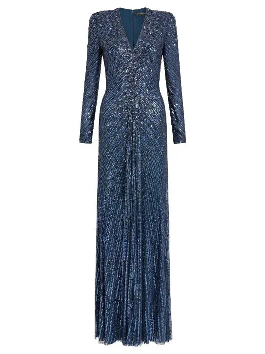 Jenny Packham Sequin-embellished V-neck Gown - Blackthorne Blue