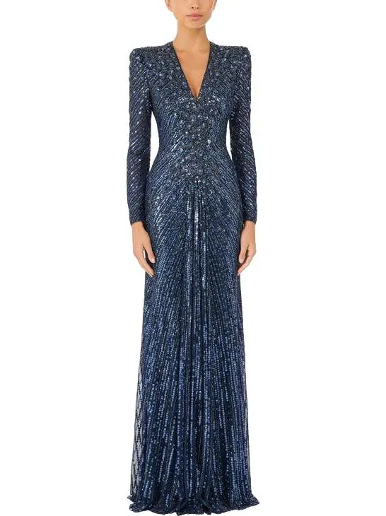Jenny Packham Sequin-embellished V-neck Gown - Blackthorne Blue