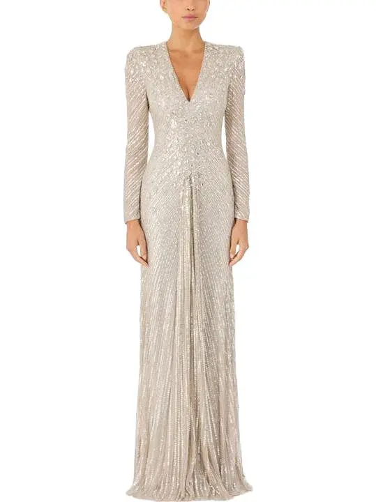 Jenny Packham Sequin-embellished V-neck Gown - Platinum