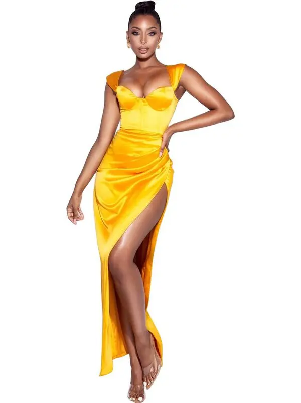 MISS CIRCLE High Slit Corset Satin Dress - Yellow