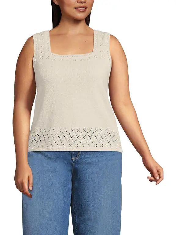 LANDS' END Pointelle Square Neck Tank Sweater - Ivory Latte