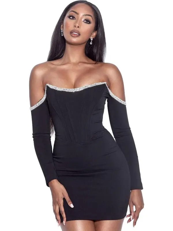 MISS CIRCLE Annika Off-the-shoulder Corset Mini Dress With Crystal Trim - Black