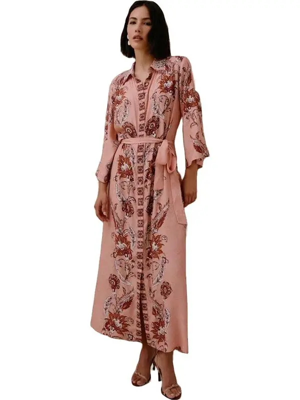 RAISHMA Printed Maxi Dress With Belt - Pink