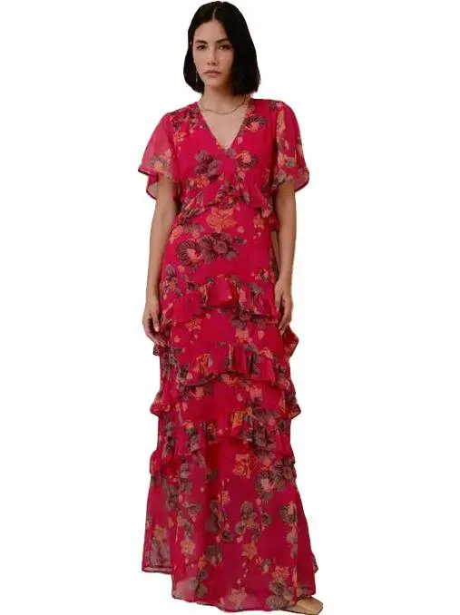 RAISHMA Printed Crinkle Chiffon Maxi Dress - Red Floral