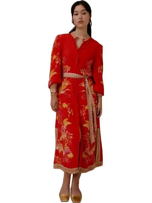 RAISHMA Floral Printed V-neck Midi Dress - Red