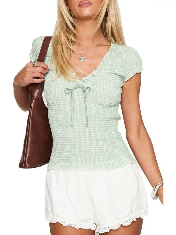 Princess Polly Coast To Coast Smocked Gingham Top - Sage Check