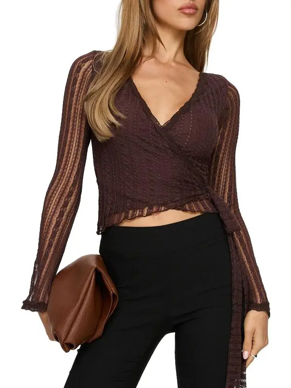 Princess Polly Lace Wrap Top - Brown
