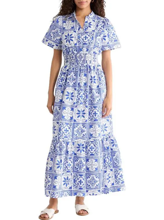 SUGARLIPS Arbor Tile Belraj Tiered Cotton Maxi Dress - White-blues-combo