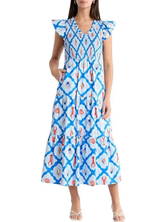 SUGARLIPS Lobster Bay Sunfire Smocked Cotton Tiered Maxi Dress - Dark Blue-white