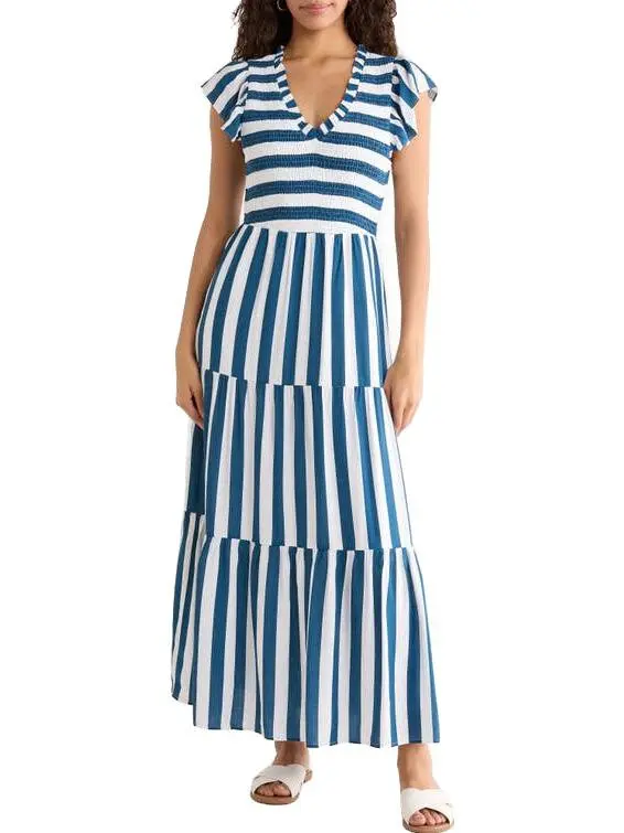 SUGARLIPS Patterned Cotton Poplin Maxi Dress - Dark Blue-white
