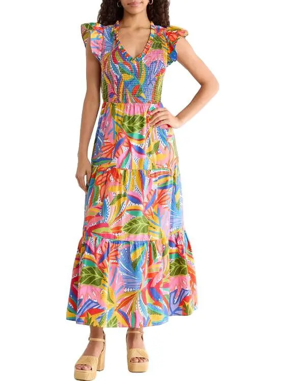 SUGARLIPS Lobster Bay Sunfire Smocked Cotton Tiered Maxi Dress - Kelly-blue-multi