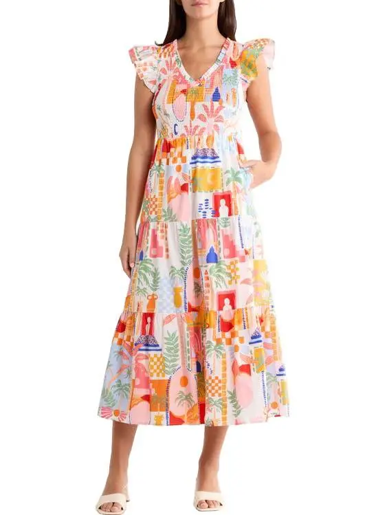 SUGARLIPS Patterned Cotton Poplin Maxi Dress - Orange-pink-white