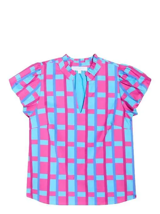 SUGARLIPS Marvy Checker Kenie Puff Sleeve Top - Fuchsia-blue-multi