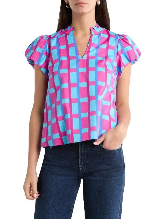 SUGARLIPS Marvy Checker Kenie Puff Sleeve Top - Fuchsia-blue-multi
