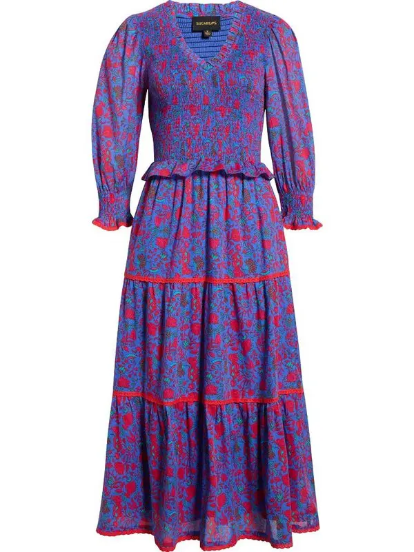 SUGARLIPS Floral Print Smocked A-line Dress - Blue-fuchsia