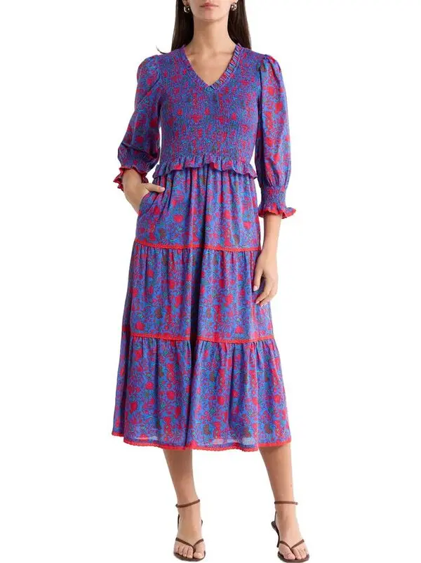 SUGARLIPS Floral Print Smocked A-line Dress - Blue-fuchsia