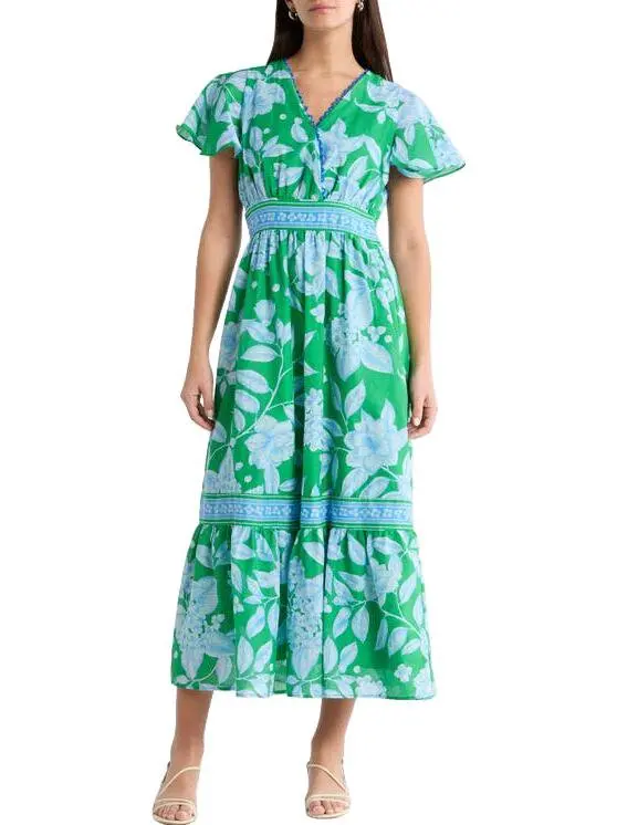 SUGARLIPS Floral Print Surplice Neck A-line Dress - Kelly-blues
