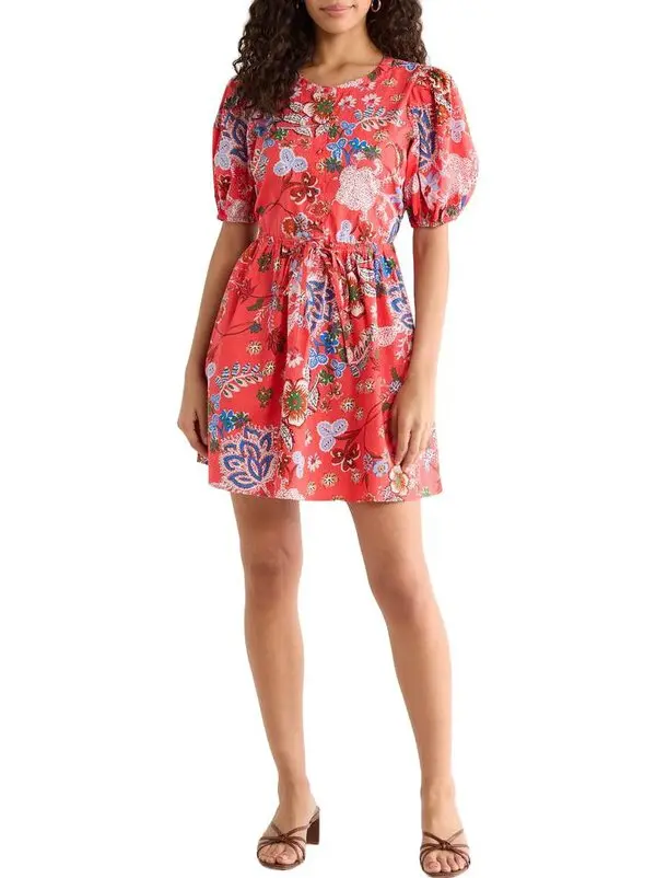 SUGARLIPS Floral Cotton Mini Dress With Drawstring Waist - Coral-blue